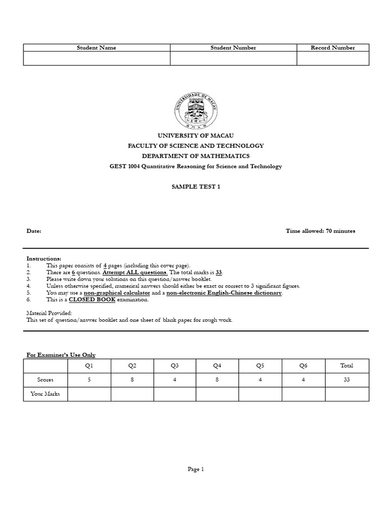 Calculus I Q and S Sample Test 1 | PDF | Mathematics