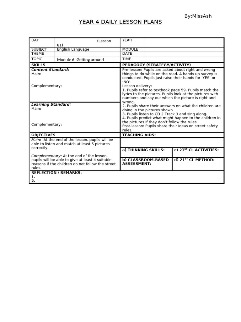 Year 4 Daily Lesson Plans: Module 6: Getting Around | PDF | Teachers | Learning