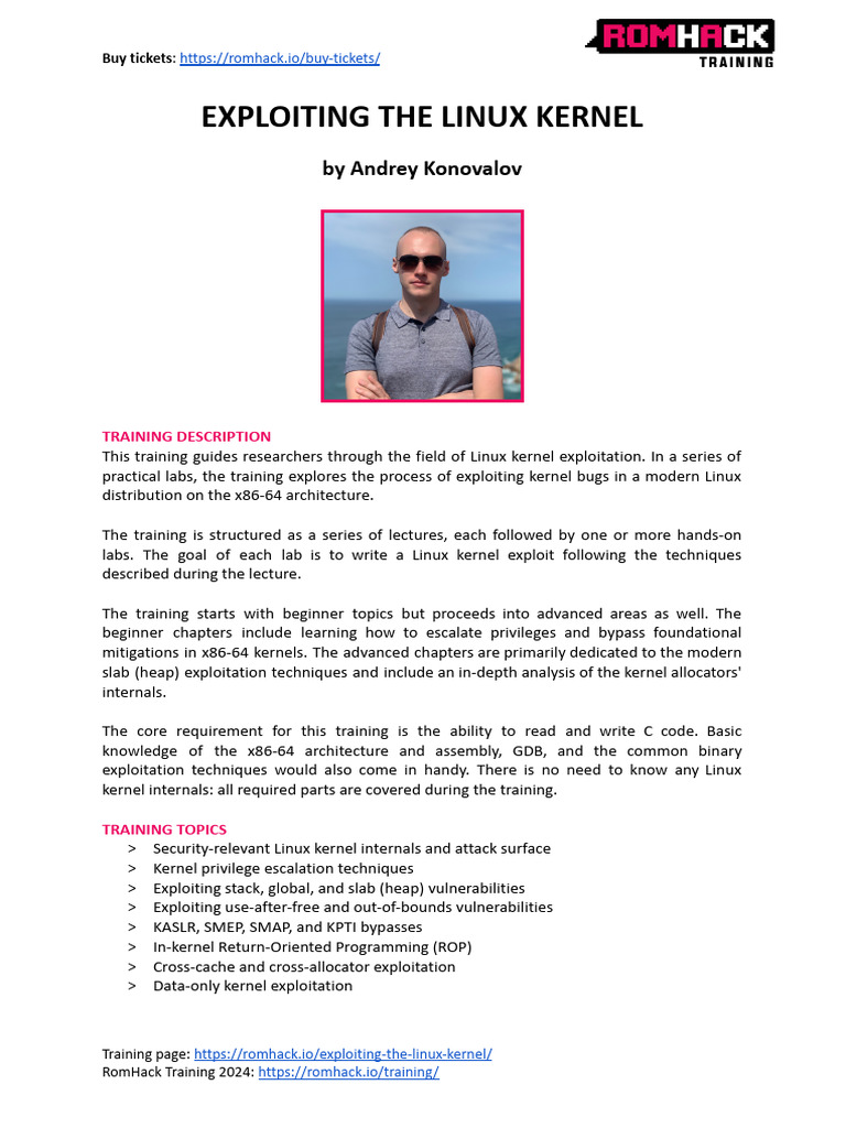 RomHack Training 2024 Exploiting The Linux Kernel Syllabus | PDF | Kernel (Operating System) | Linux