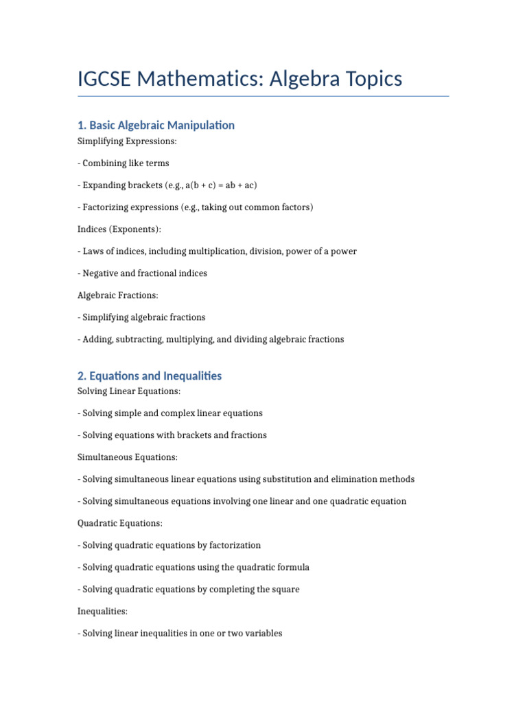 IGCSE Mathematics Algebra Topics | PDF | Algebra | Quadratic Equation