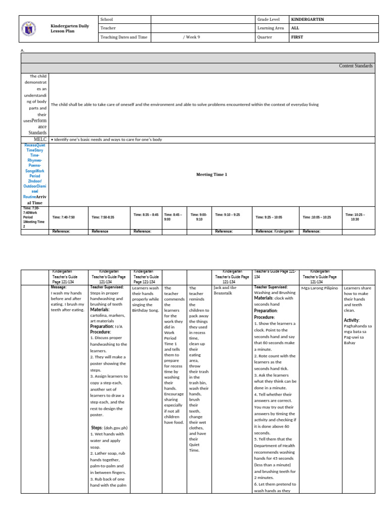 Kinder New DLL Week9 - Day51 | PDF | Hand Washing | Teachers