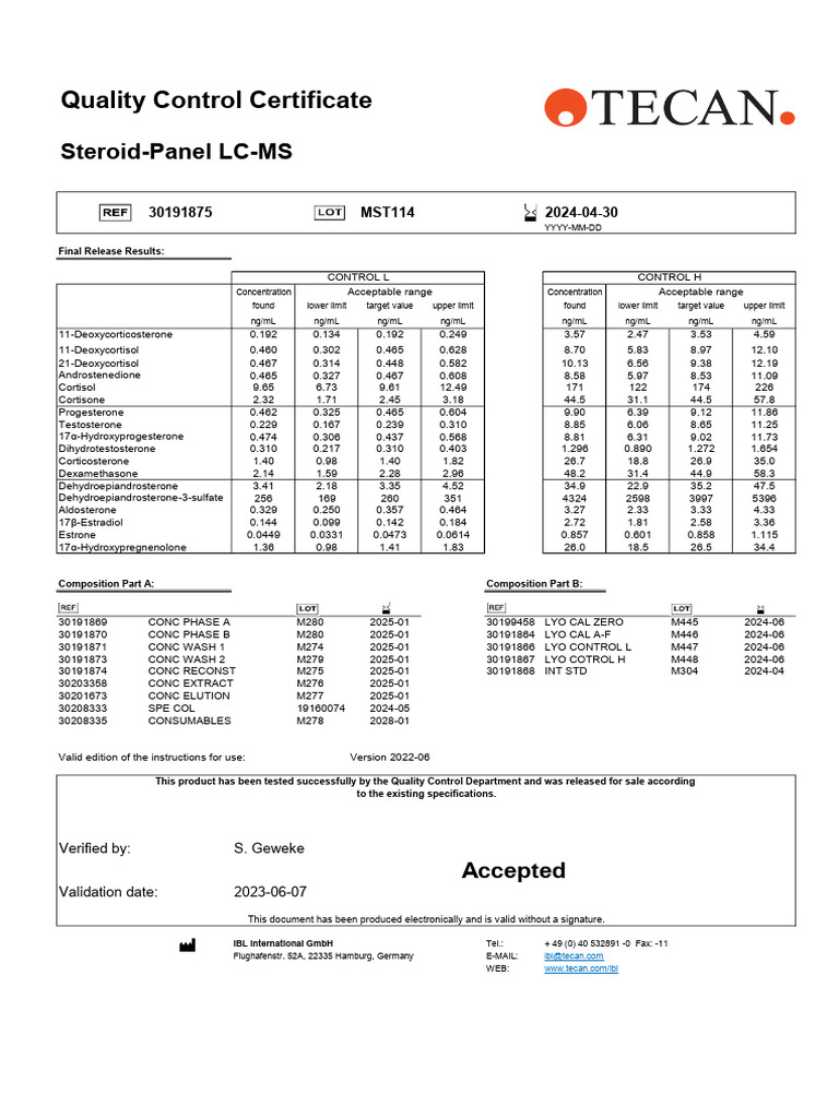 Tecan Quality Control Certificate | PDF | Adrenal Gland | Endocrinology