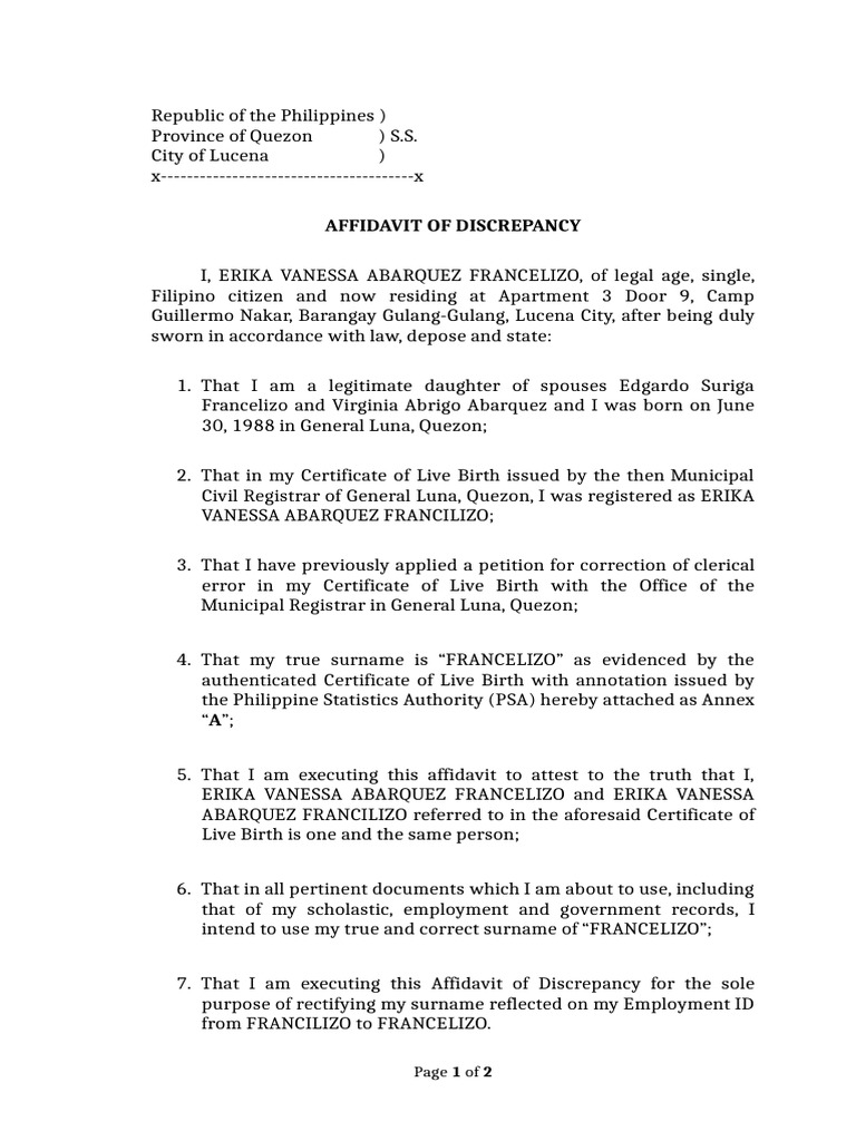 Affidavit of Discrepancy | PDF | Law