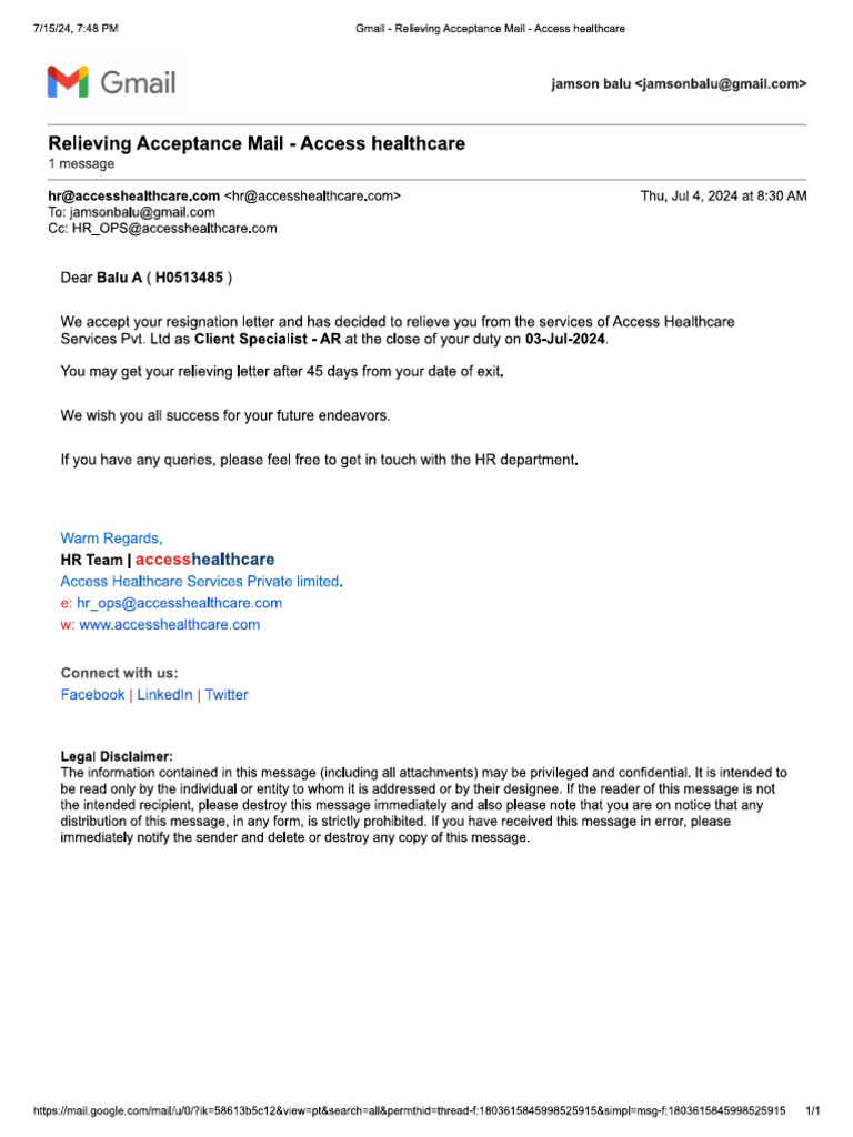 Relieving Acceptance Mail | PDF