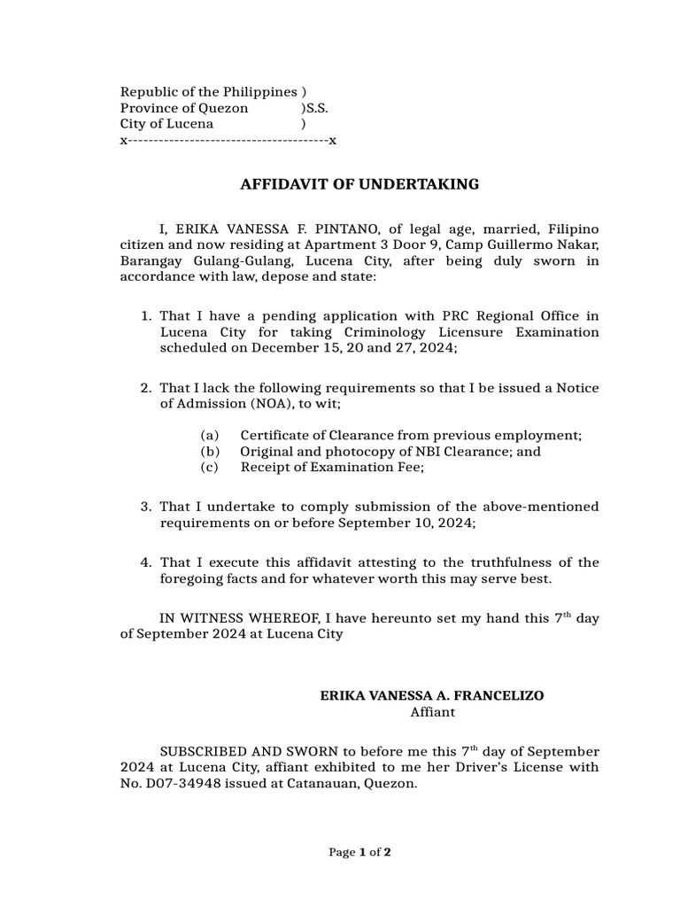 AFFIDAVIT OF UNDERTAKING | PDF
