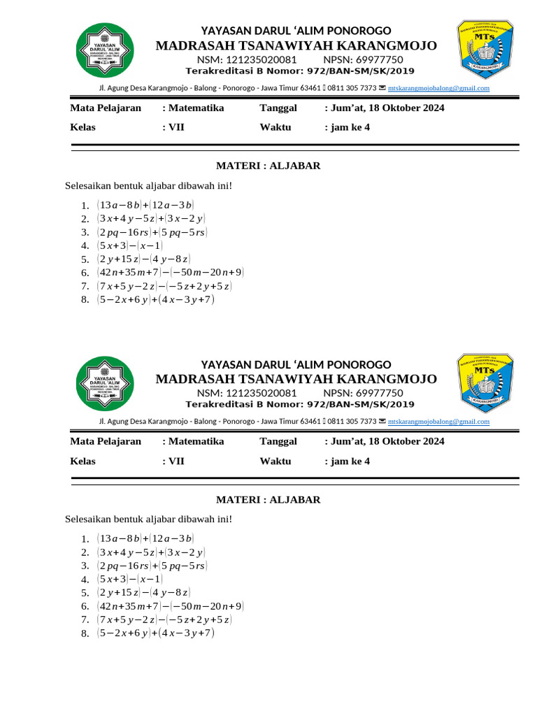 Matematika Mts 11 Oktober 2024 | PDF