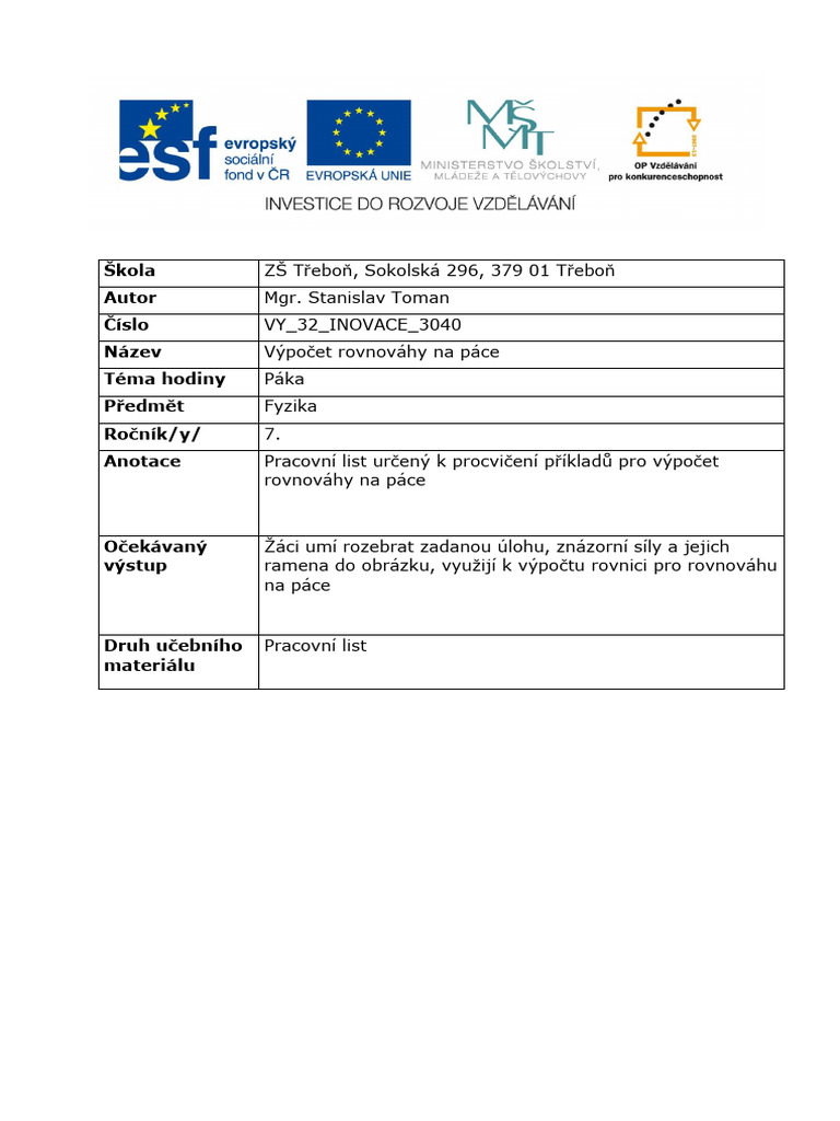 VY - 32 - INOVACE - 3040 - Výpočet Rovnováhy Na Páce | PDF