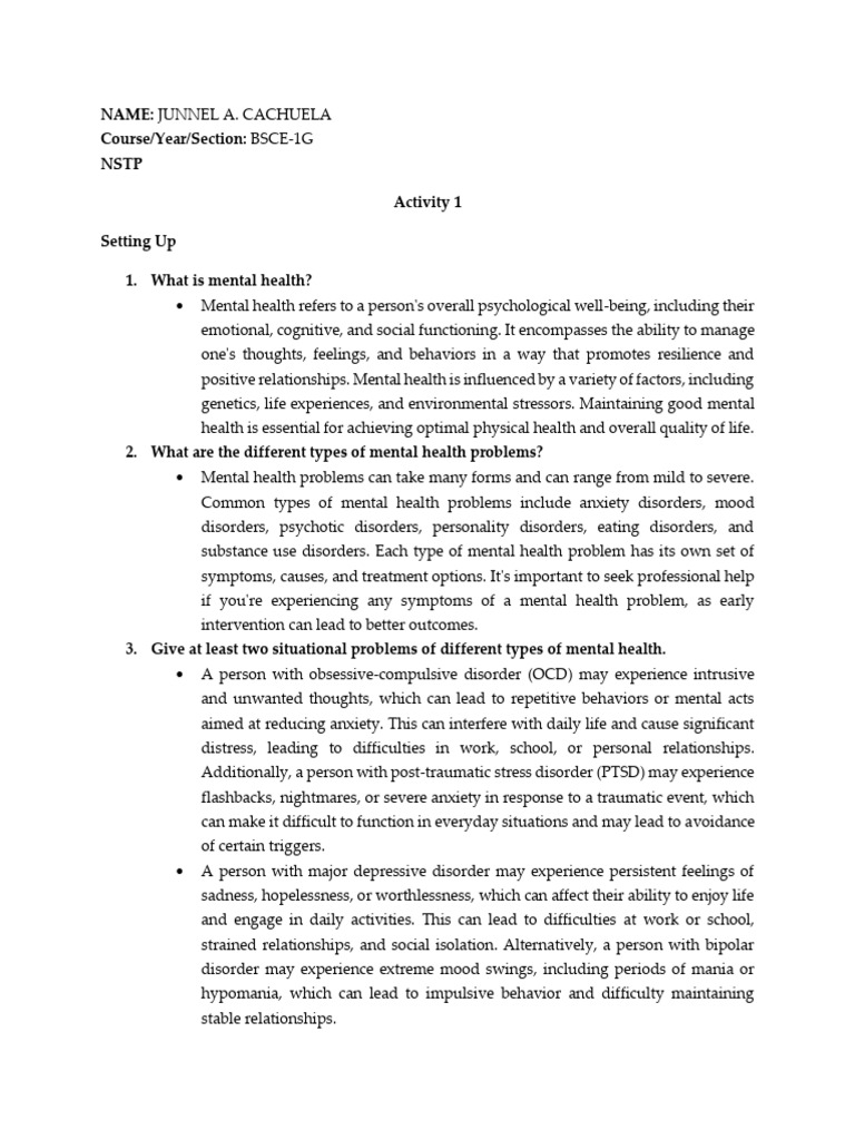 Cachuela, Junnel A. - NSTP Activity 1-6 | PDF | Mental Disorder ...