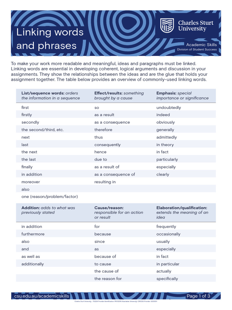 Linking Words For Essay Use | PDF | Reason | Word