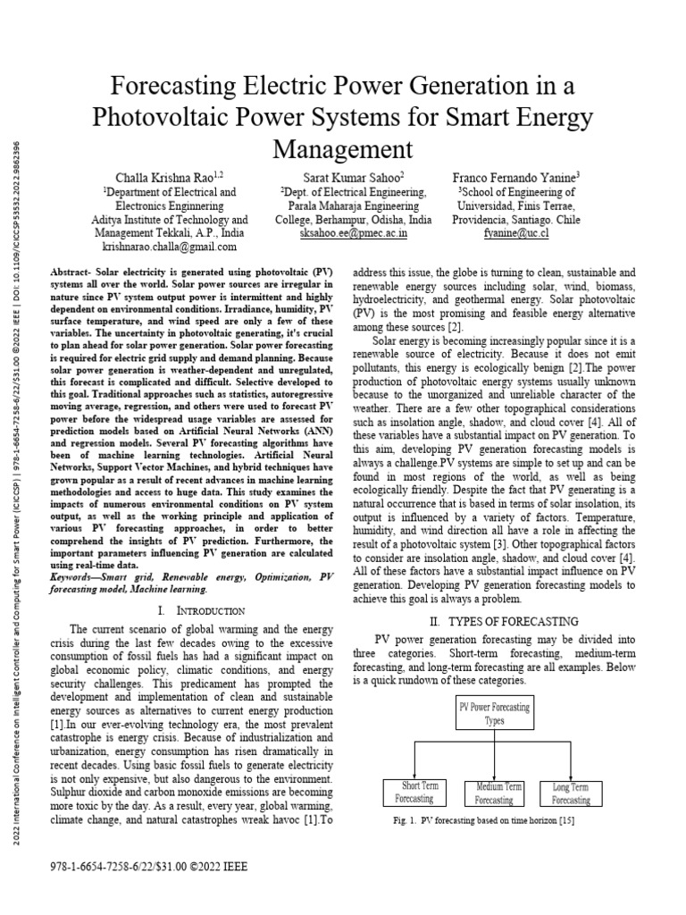 Forecasting Electric Power Generation in A Photovoltaic Power Systems ...