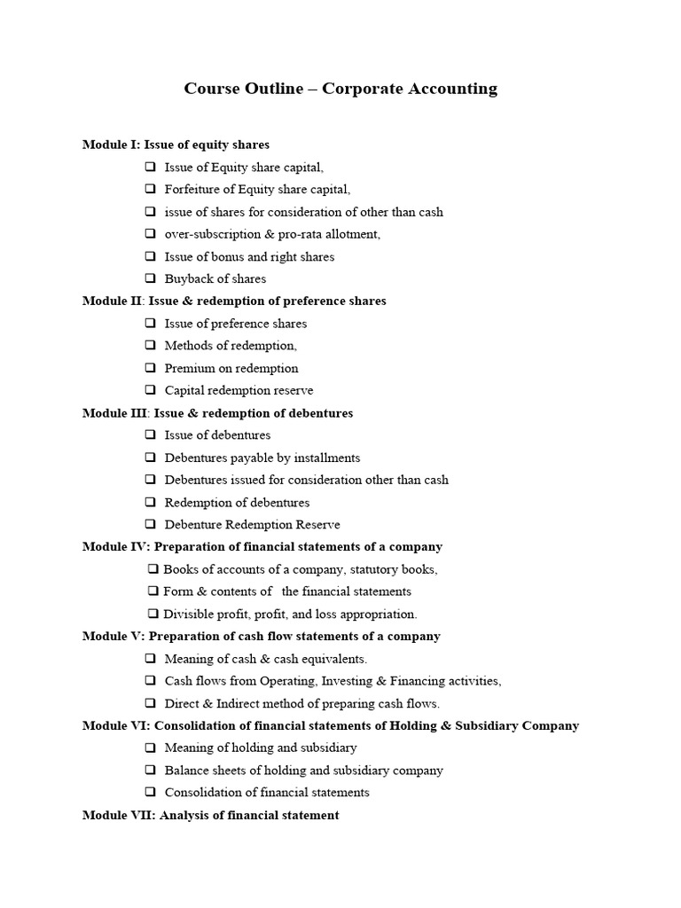 Course Outline - Corporate Accounting | PDF | Equity (Finance ...