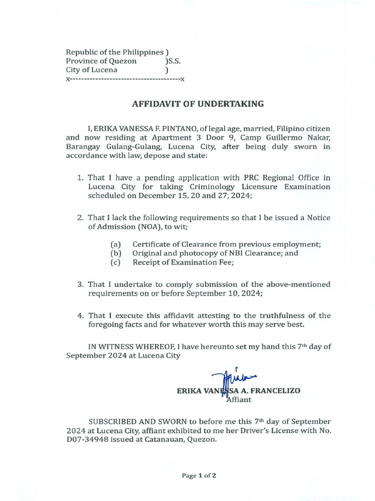 Affidavit of Undertaking | PDF