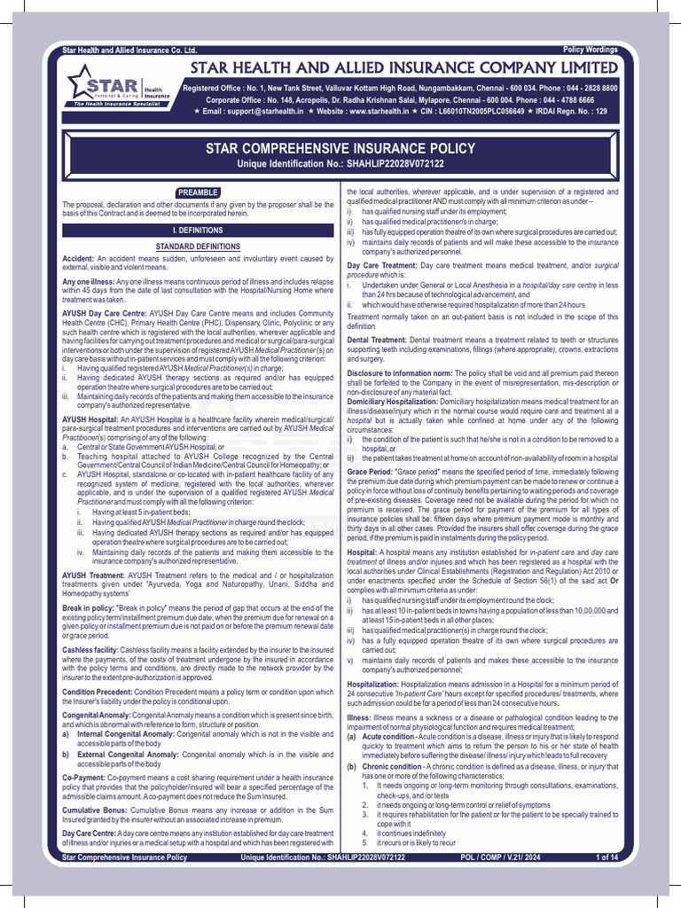 star-comprehensive-policy-clause-new-1 | PDF | Intensive Care Unit ...