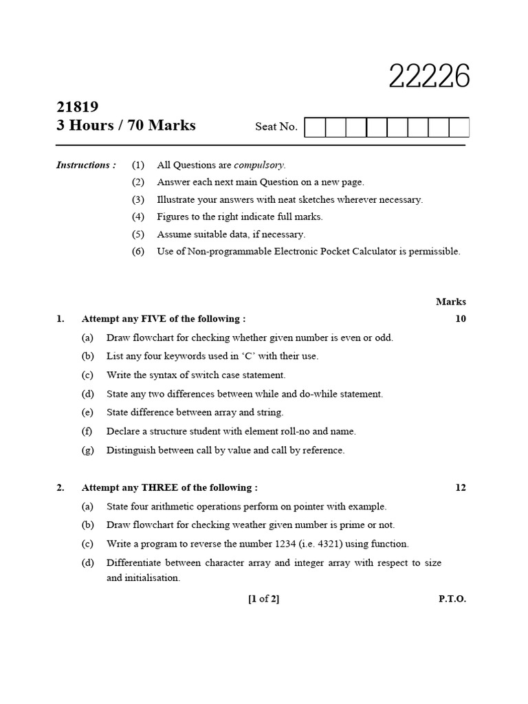 22226-Question-Paper-Summer-2019 | PDF | Pointer (Computer Programming ...