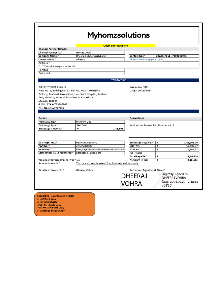 Channel Partner - Invoice Format-Trivedha Brokers Invoice Rev | PDF ...