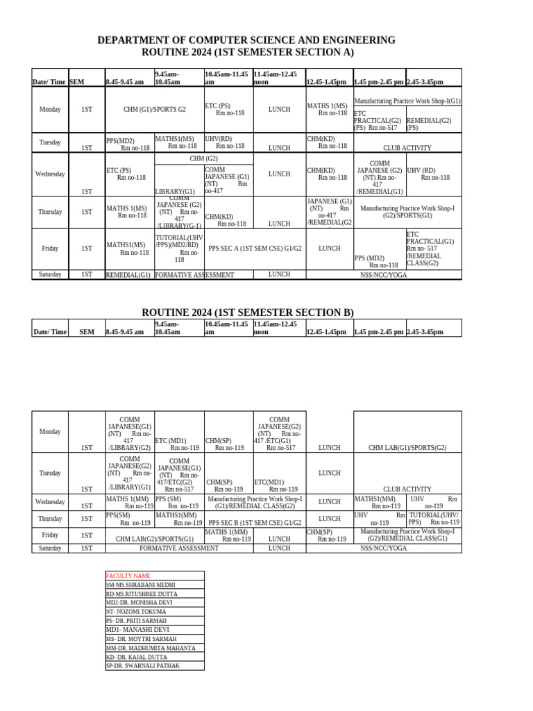 CSE 1st Semester Routine 2024 | PDF
