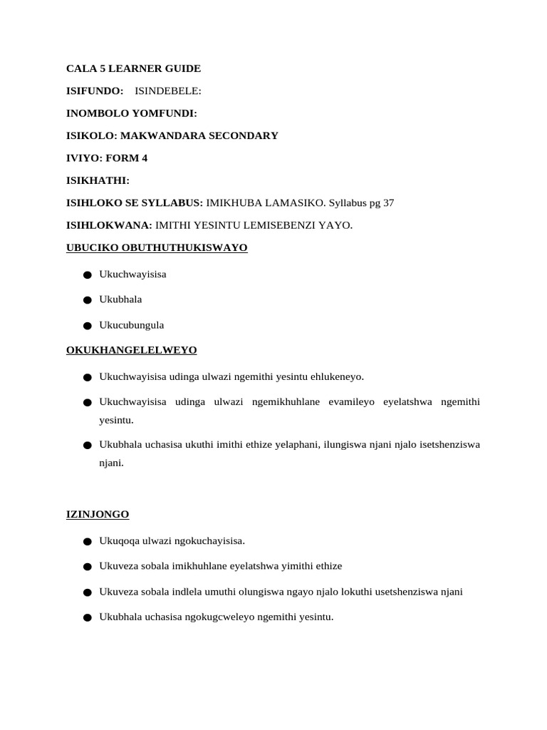 CALA Five LEARNER GUIDE NDEBELE | PDF | Lifestyle