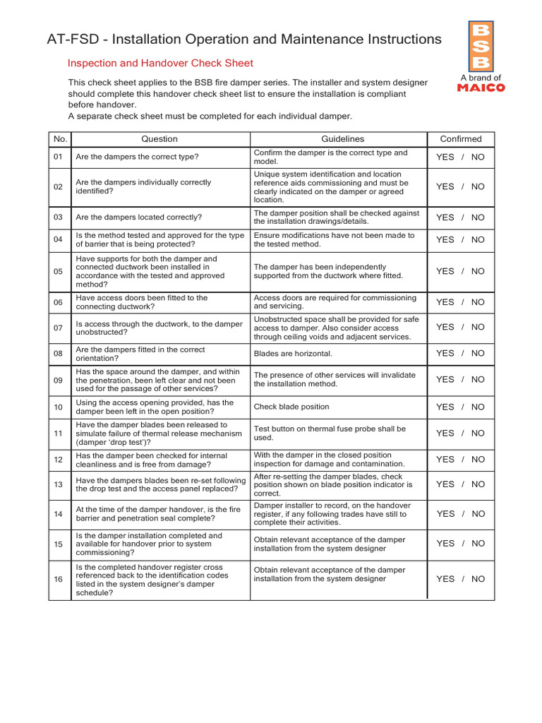 Fire Damper Check Sheet | PDF | Duct (Flow)