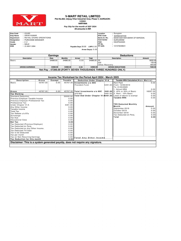 Salary Slip Sep With Tax Details | PDF