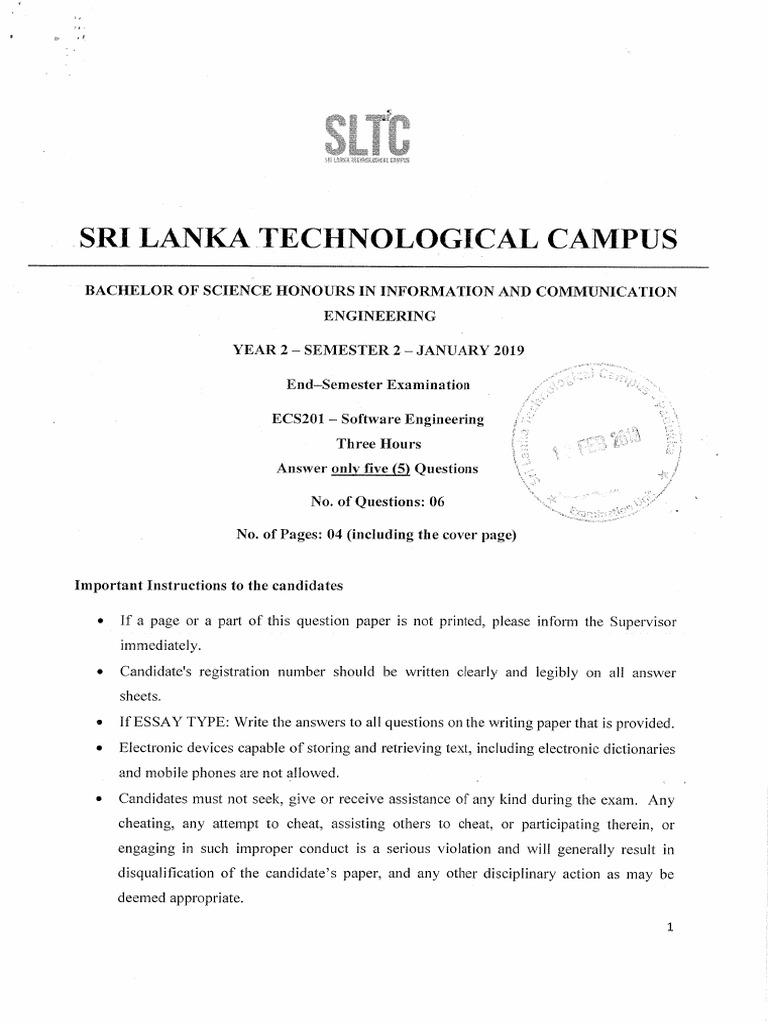 ECS201 - 2019 - January - SEM 2 - End - Software Engineering | PDF