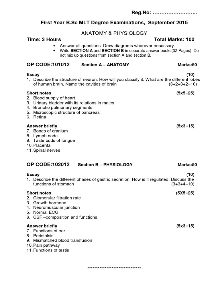 B.Sc MLT Anatomy & Physiology Exam 2015 | PDF