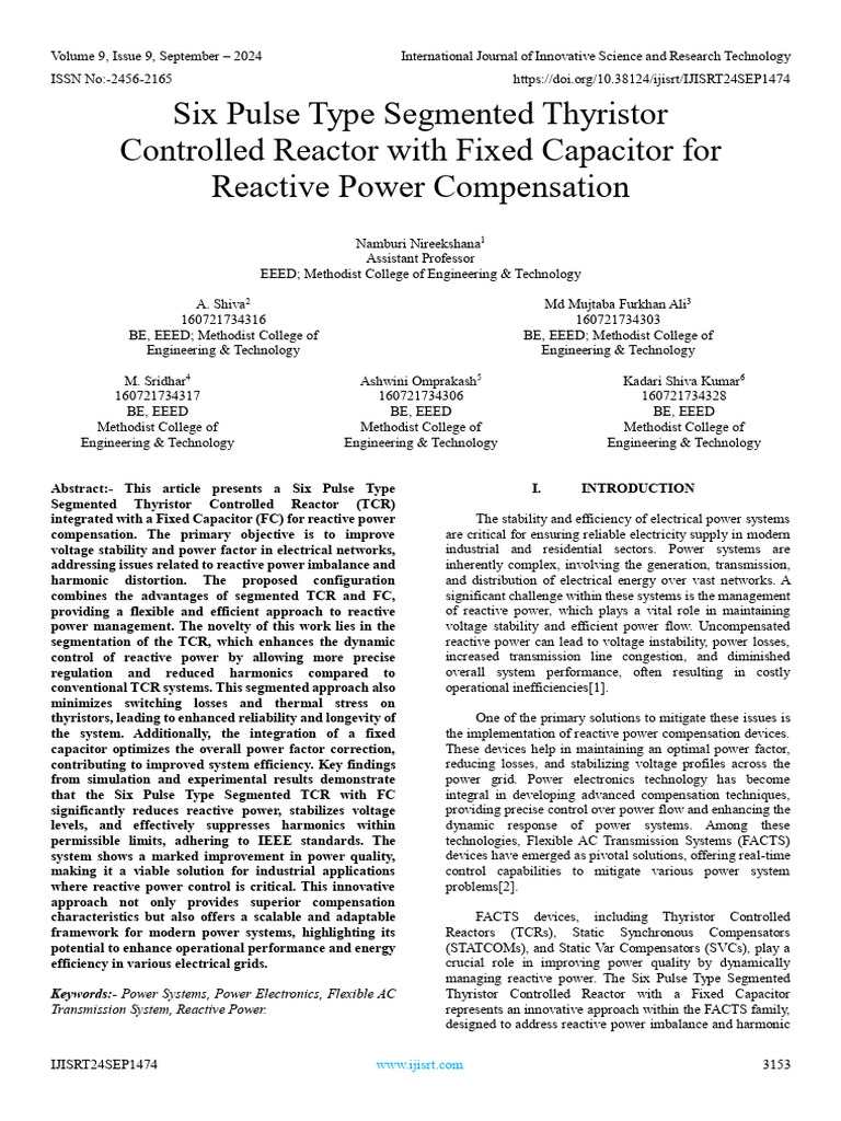 Six Pulse Type Segmented Thyristor Controlled Reactor With Fixed Capacitor For Reactive Power ...