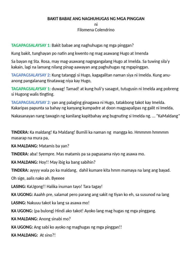 FINAL SCRIPT - BAKIT BABAE ANG NAGHUHUGAS NG MGA PINGGAN SCRIPT | PDF