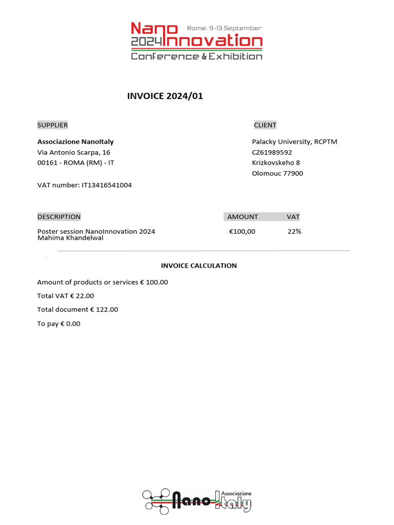 Pro-Forma Invoice - 2024 - NanoInnovation 2024 - 00 - FS | PDF