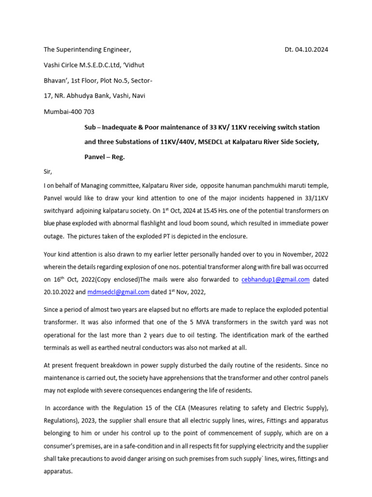 Urgent Maintenance Request for MSEDCL Substations | PDF | Electrical ...