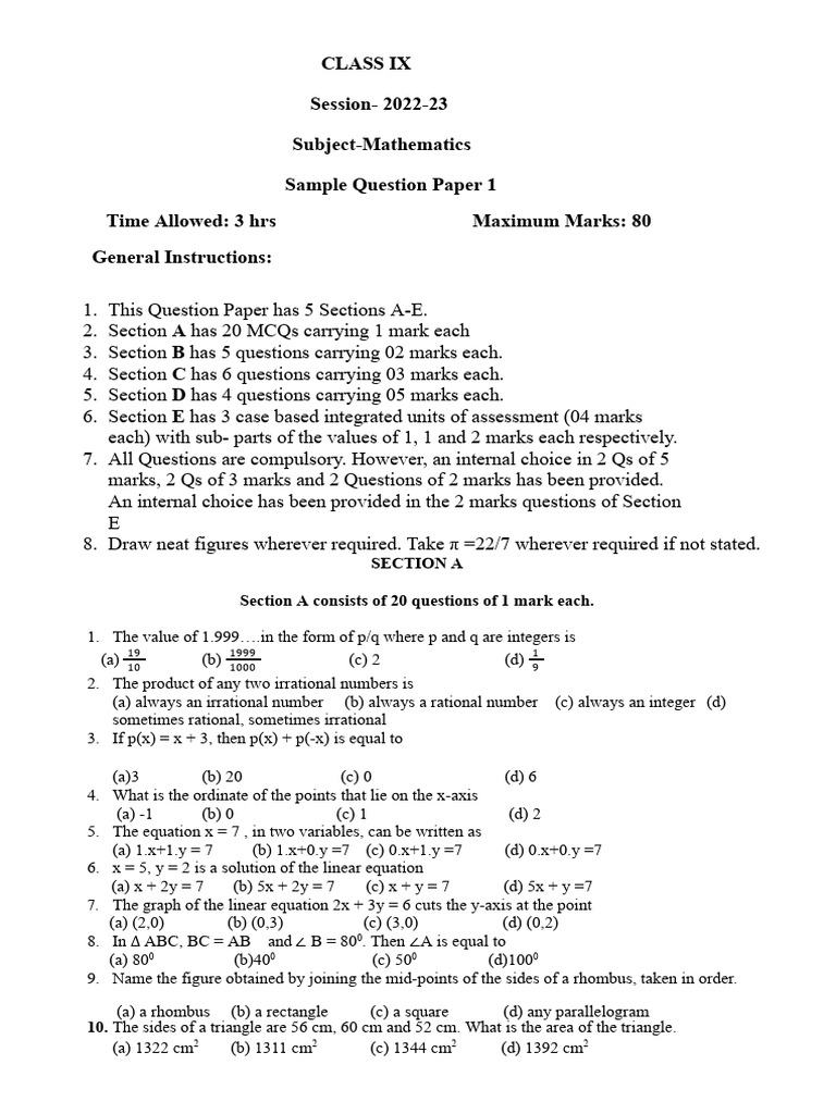 Word fileCLASS IX Sample Paper 1 - 4 | PDF | Area | Rectangle