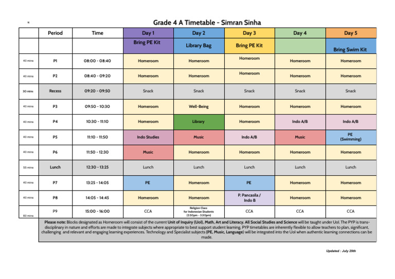 FINAL_ Primary Individual Timetables 2024 - 2025 - G4A. | PDF | Learning | Educational Organizations