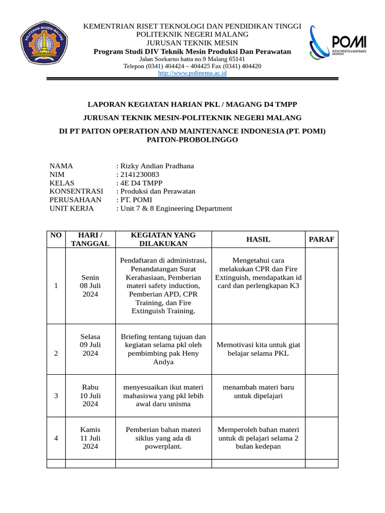 Laporan Kegiatan PKL Teknik Mesin di PT POMI | PDF