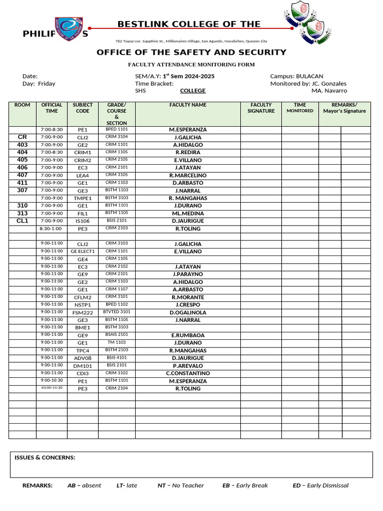 1st-Sem-2024-BCP-MONITORING-FORM-FRIDAY | PDF