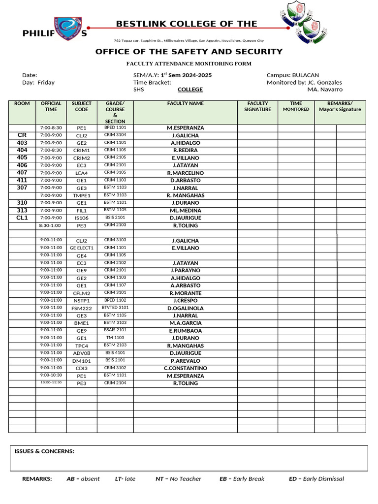 1st Sem 2024 BCP MONITORING-FORM-FRIDAY | PDF