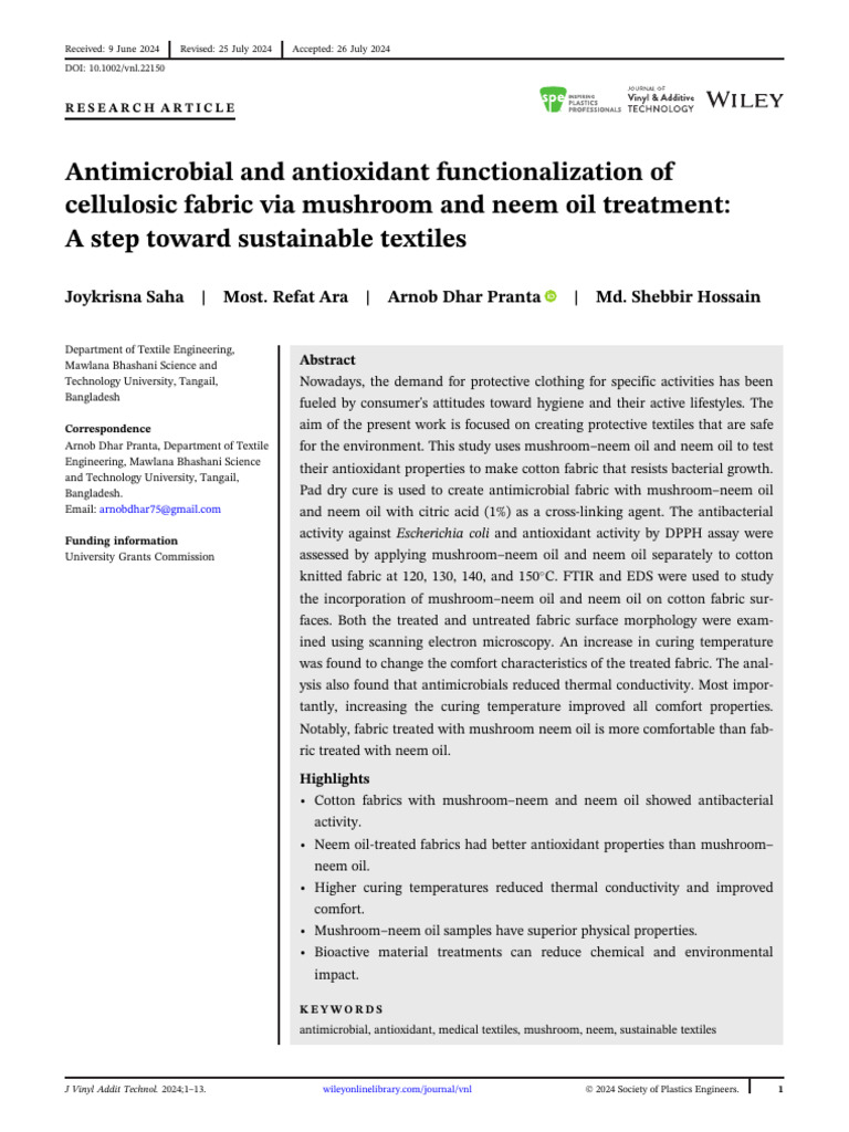 Antimicrobial and antioxidant functionalization of cellulosic fabric ...