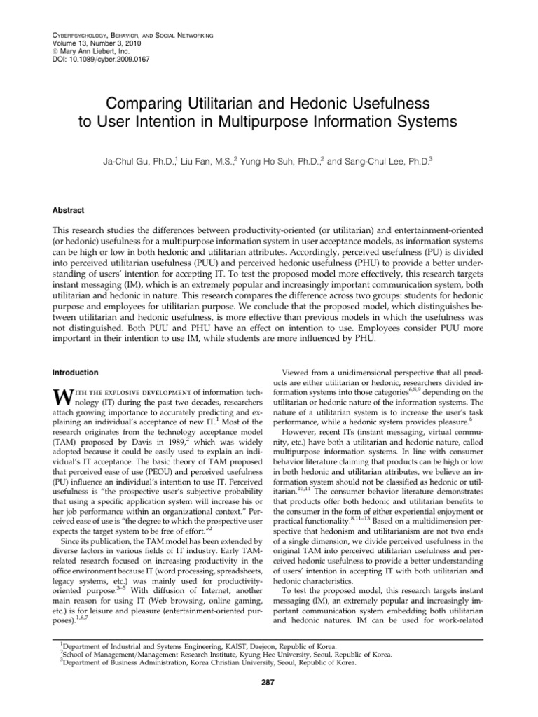 Gu Et Al 2010 Comparing Utilitarian And Hedonic Usefulness To User Intention In Multipurpose
