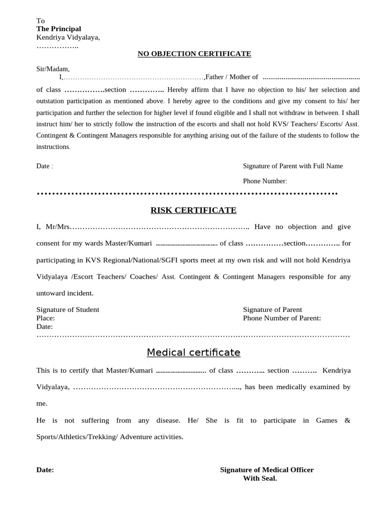 NCC Medical Certificate and NOC Form | PDF