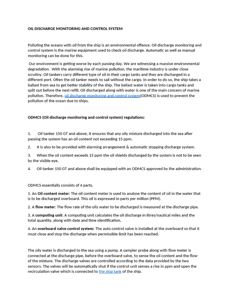 OIL DISCHARGE MONITORING AND CONTROL SYSTEM | PDF | Oil Tanker | Ships