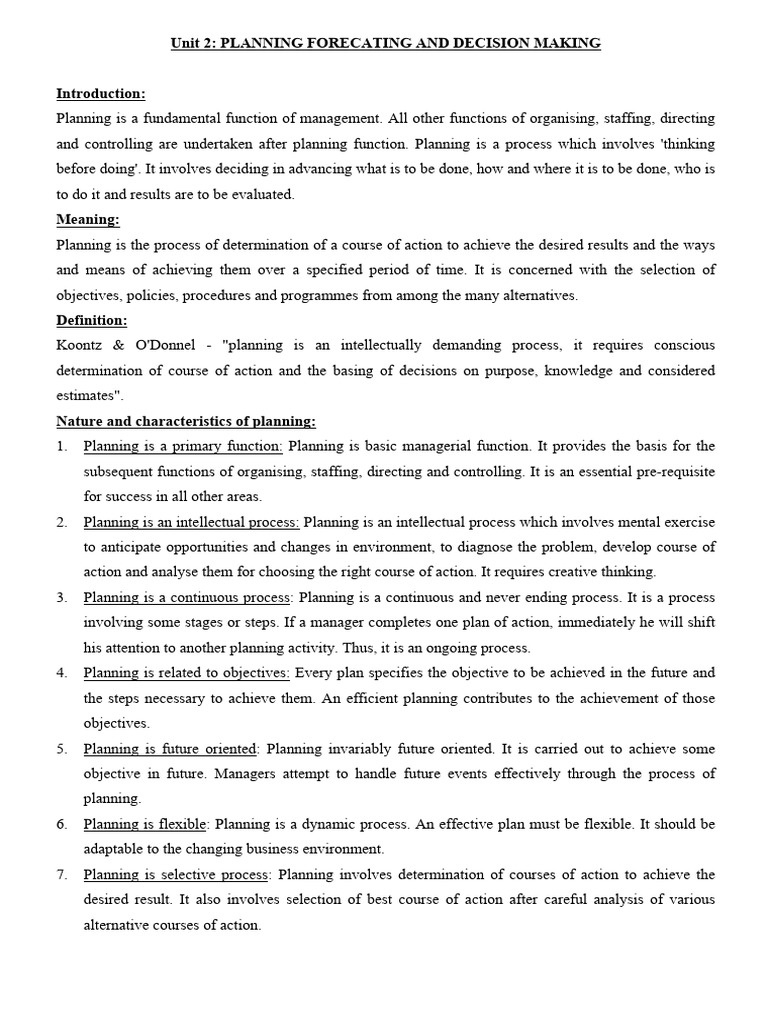 Unit 2: Planning Forecating and Decision Making | PDF | Forecasting | Planning