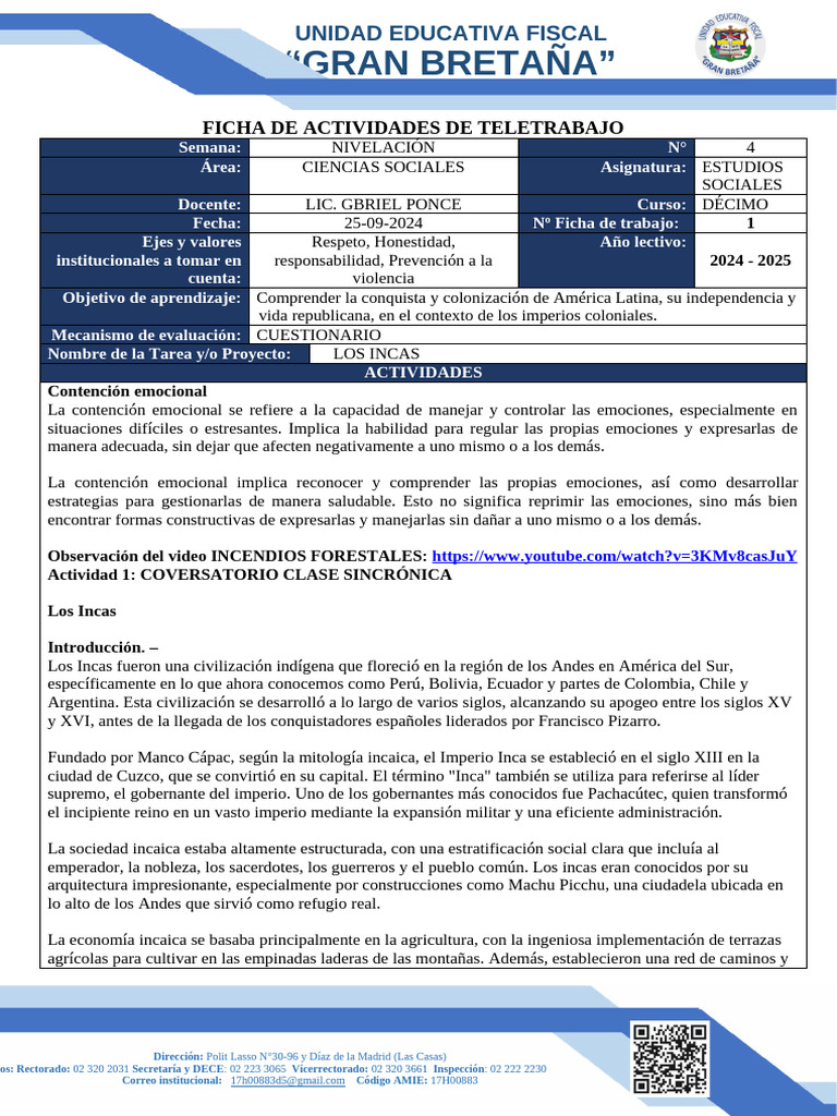 FICHA DE ACTIVIDADES DÉCIMO | PDF | Imperio Inca | Las emociones