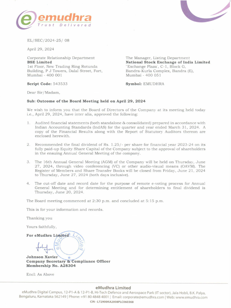 eMudhra Board Meeting Outcomes April 2024 | PDF | Going Concern | Audit