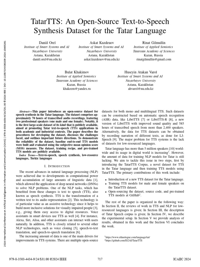 TatarTTS An Open-Source Text-to-Speech Synthesis Dataset For The Tatar ...