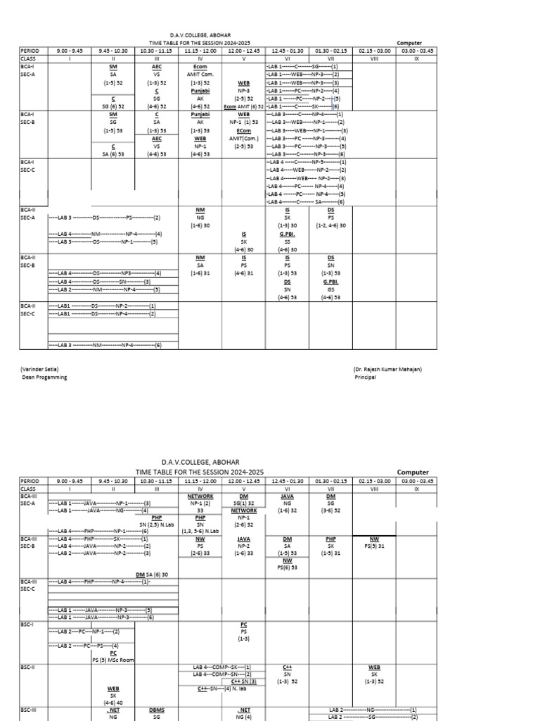 Without NP5 - Bca-Bsc Class Wise | PDF