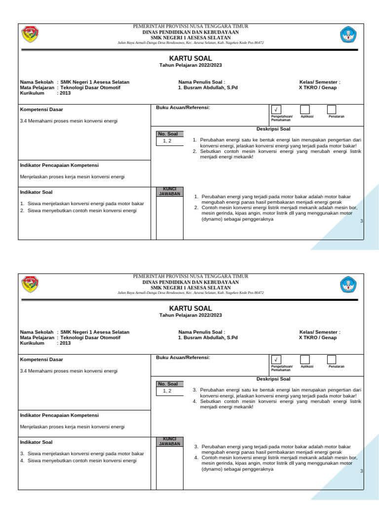 Format Kartu Soal k13 - WEBSITE WWW - Kherysuryawan.id | PDF