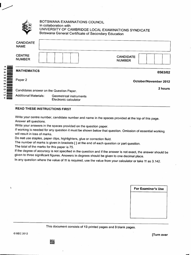 Bgcse Maths Pp2 2012 | PDF