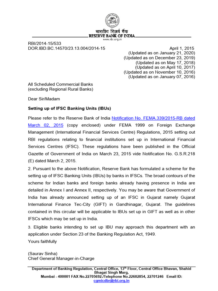 4 Setting Up of Ifsc Banking Units Ibus Updated As On January 21 2020 ...