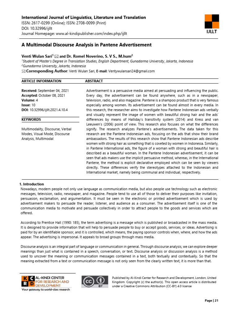 A Multimodal Discourse Analysis in Pantene Advertisement | PDF | Discourse | Advertising
