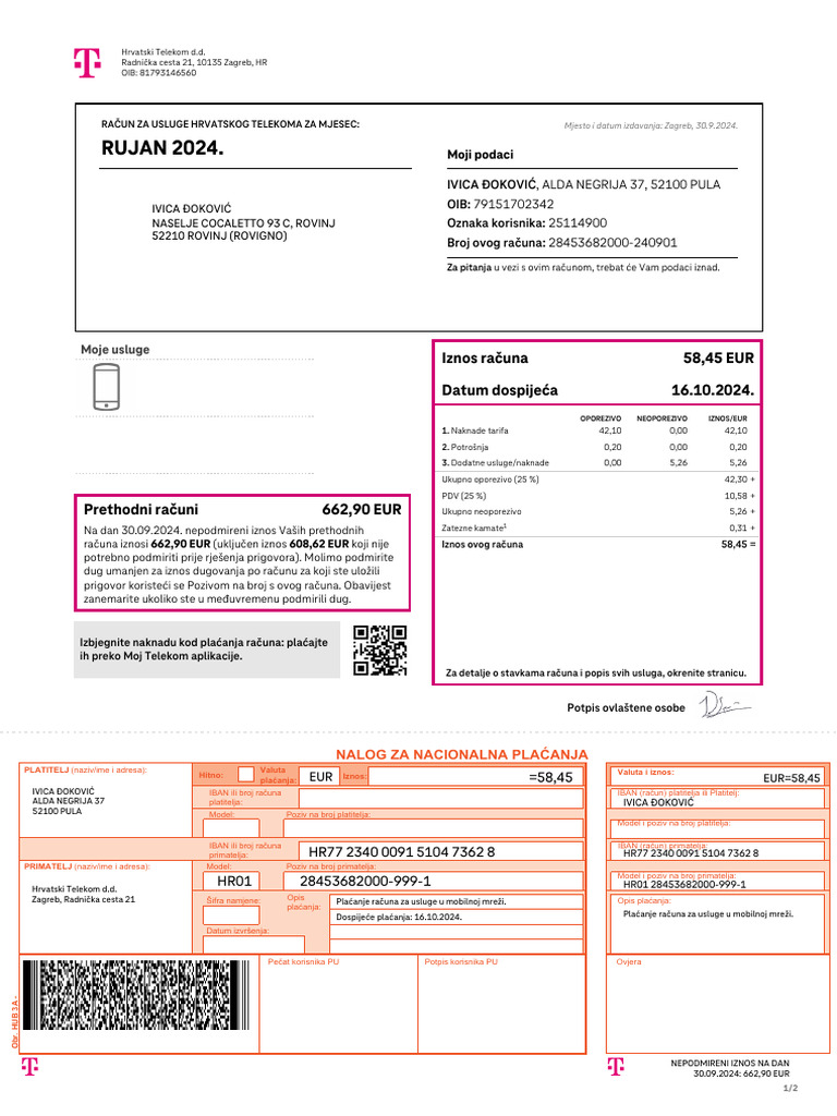 RUJAN 2024.: Iznos Računa 58,45 EUR Datum Dospijeća 16.10.2024 | PDF