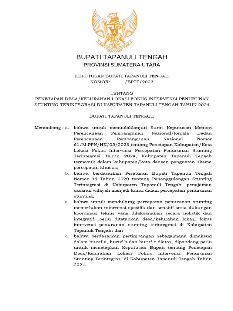 Draft SK Bupati Lokus Stunting Tapteng 2024-1 | PDF