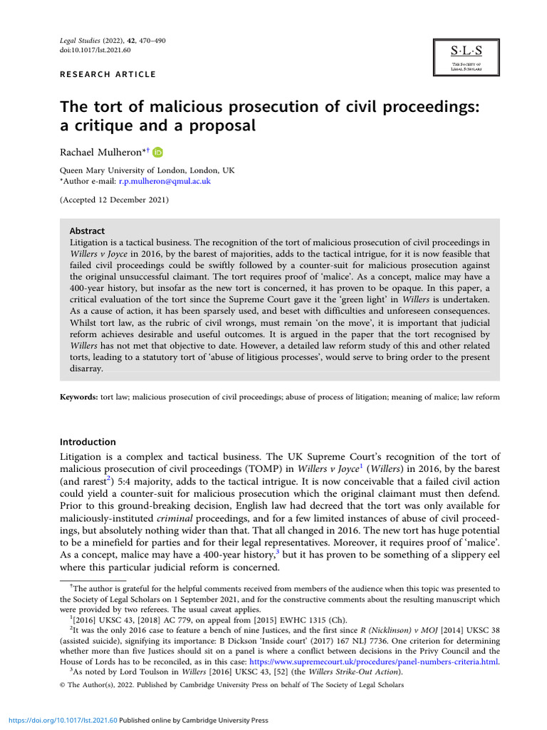 The Tort of Malicious Prosecution of Civil Proceedings A Critique and A ...